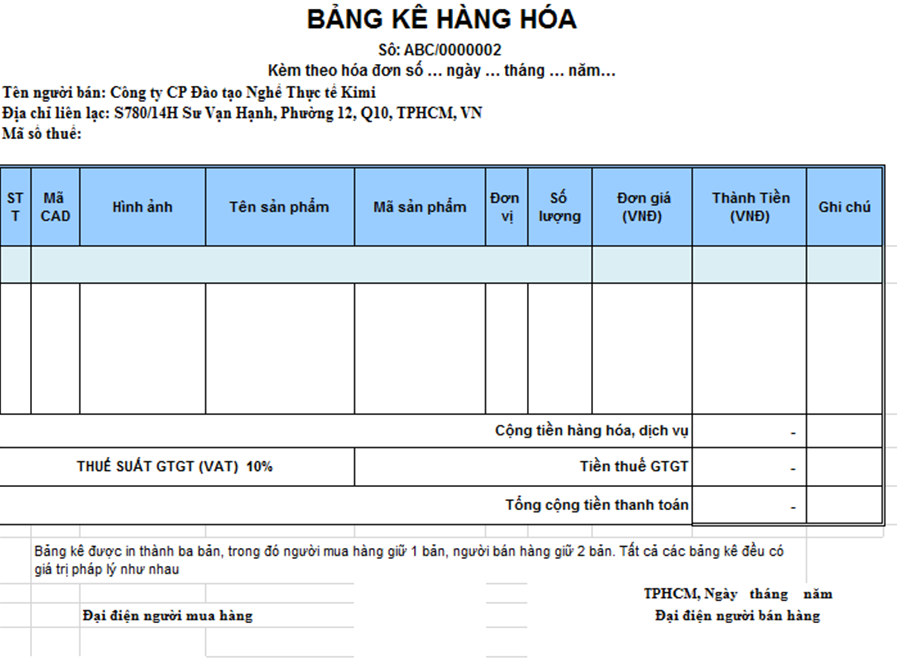 bảng kê đính kèm hóa đơn Tiếng Anh là gì